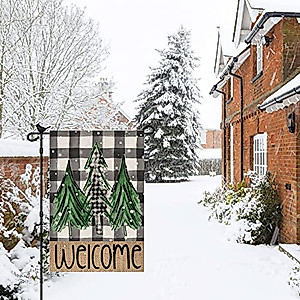 Welcome Christmas Trees Winter Garden Flag 12 x 18 Inch Vertical Double Sided Buffalo Plaid Holiday Yard Outside Xmas Décor