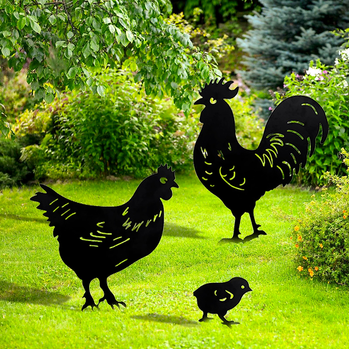 TT & MM Metal Chicken Yard Decor 3 Pcs Rooster Garden Stakes,Chicken Gifts for Women/Men,Hen/Chicks Silhouette Statues for Yard Art,Backyard,Patio,Lawn Ornaments,Outdoor Decor