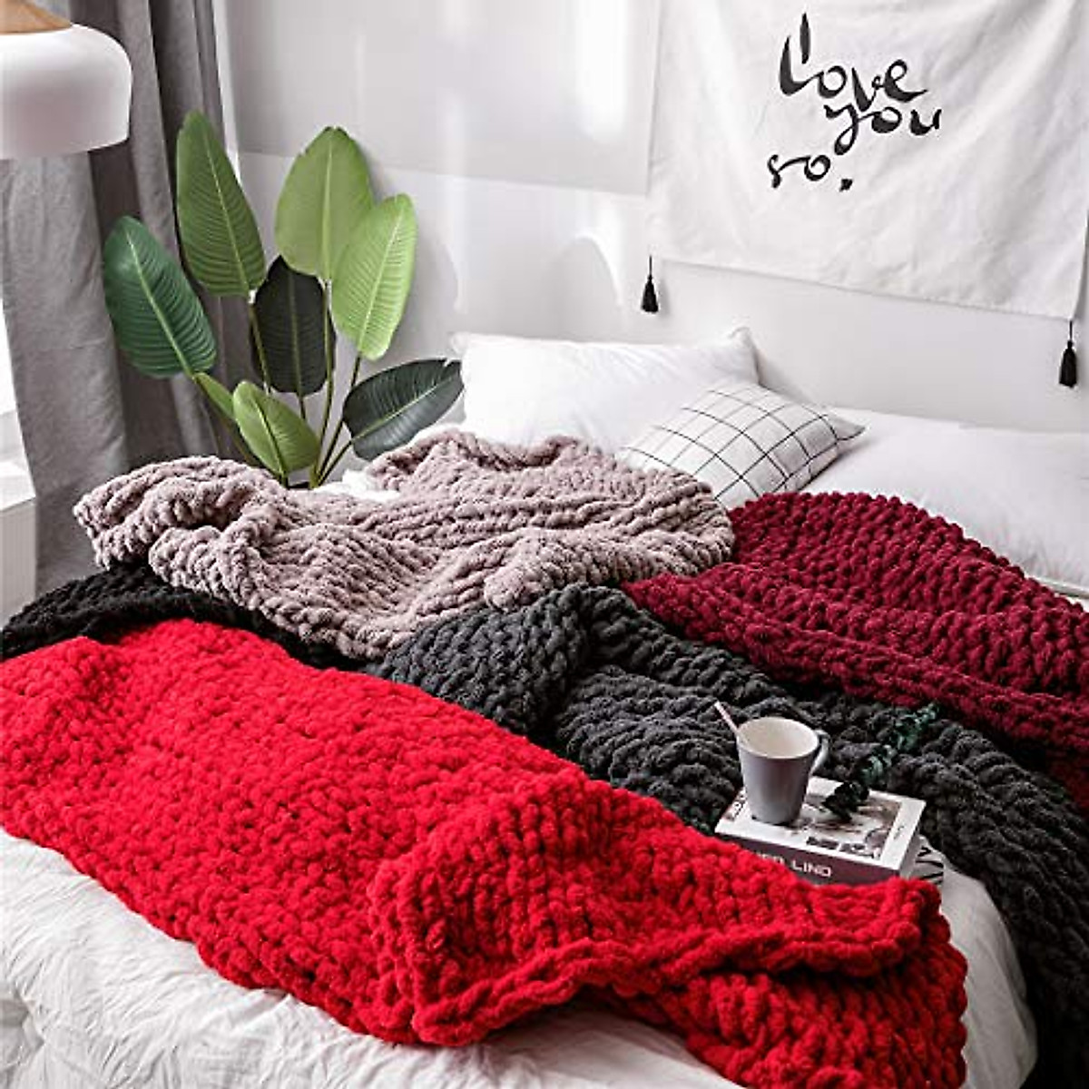 vctops Boho Chenille Chunky Knit Throw Blanket Super Soft Warm Cozy Hand Knit Blankets for Couch Bed Sofa Chair (Red,31"x39")