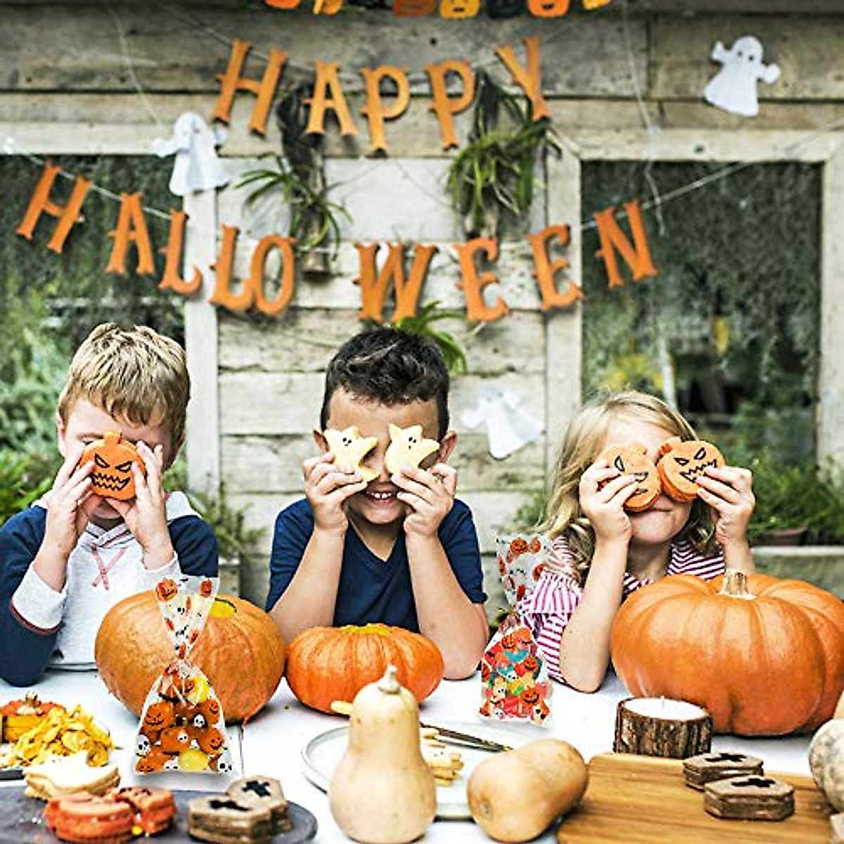 WOVTE Halloween Cellophane Bags, 150 PCS Candy Treat Bags with 150 PCS Twist Ties for Bakery Biscuit Chocolate Snacks Halloween Party Favors Homemade Craft (3 Styles)