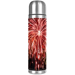 Stainless Steel Leather Vacuum Insulated Mug Fireworks Thermos Water Bottle for Hot and Cold Drinks Kids Adults 16 Oz