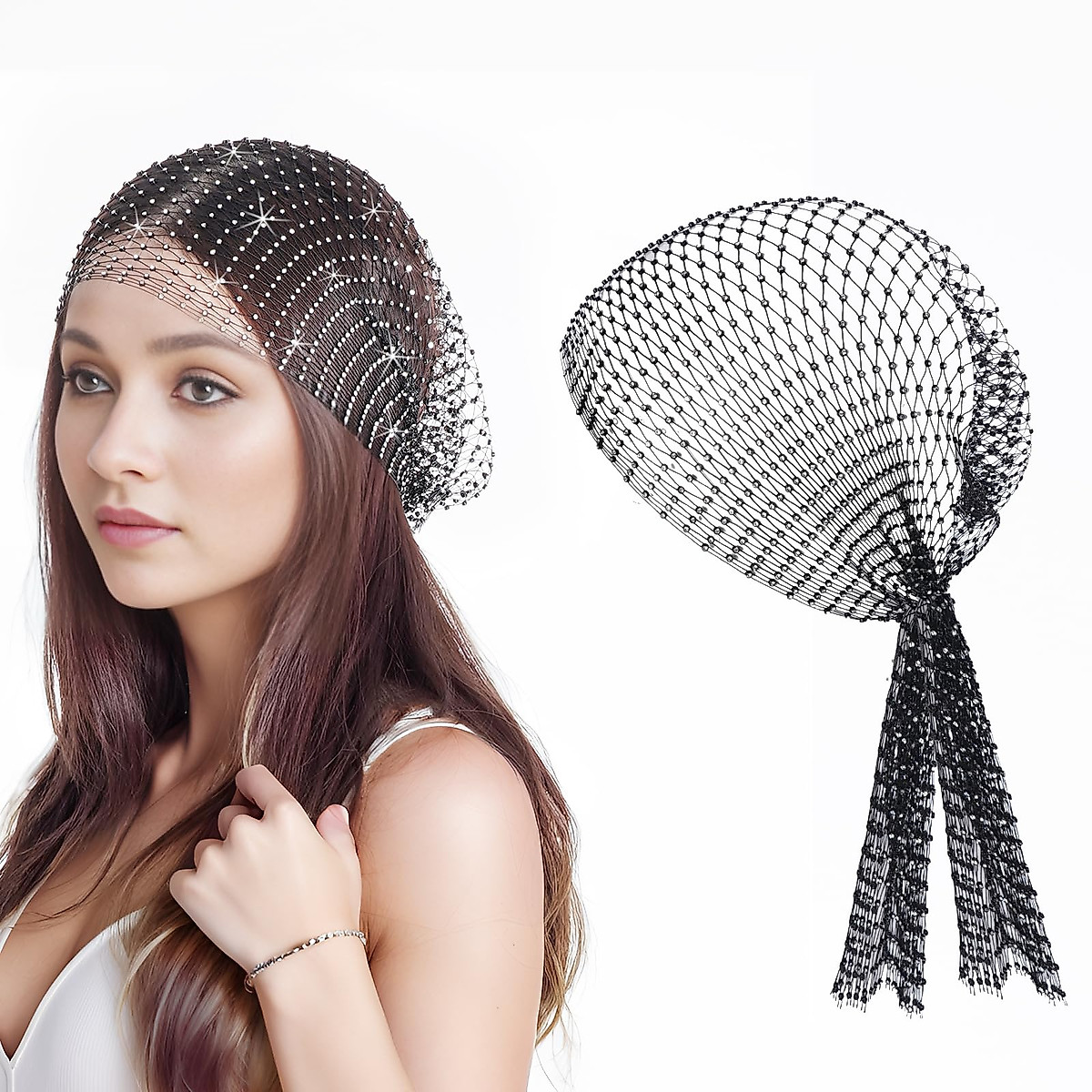 hoyuwak Rhinestone Mesh Headband Head Wrap Head Scarf Bandana Hair Scarf Turban Head Covering Headpiece for Women Girls Hair Styling Holiday Rave Disco Hippie Decor(Black)