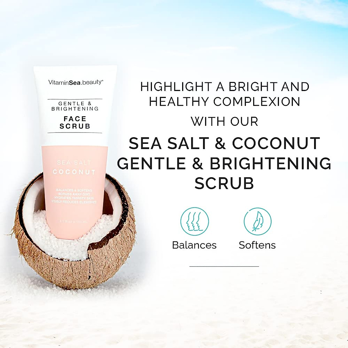 Vitamins and Sea Beauty, Hydrating Exfoliating Face Cleansing Wash Scrub, Skin Deep Pore Cleanser Minimizer with Sea Salt and Coconut Skincare, 5.1 Fl Oz