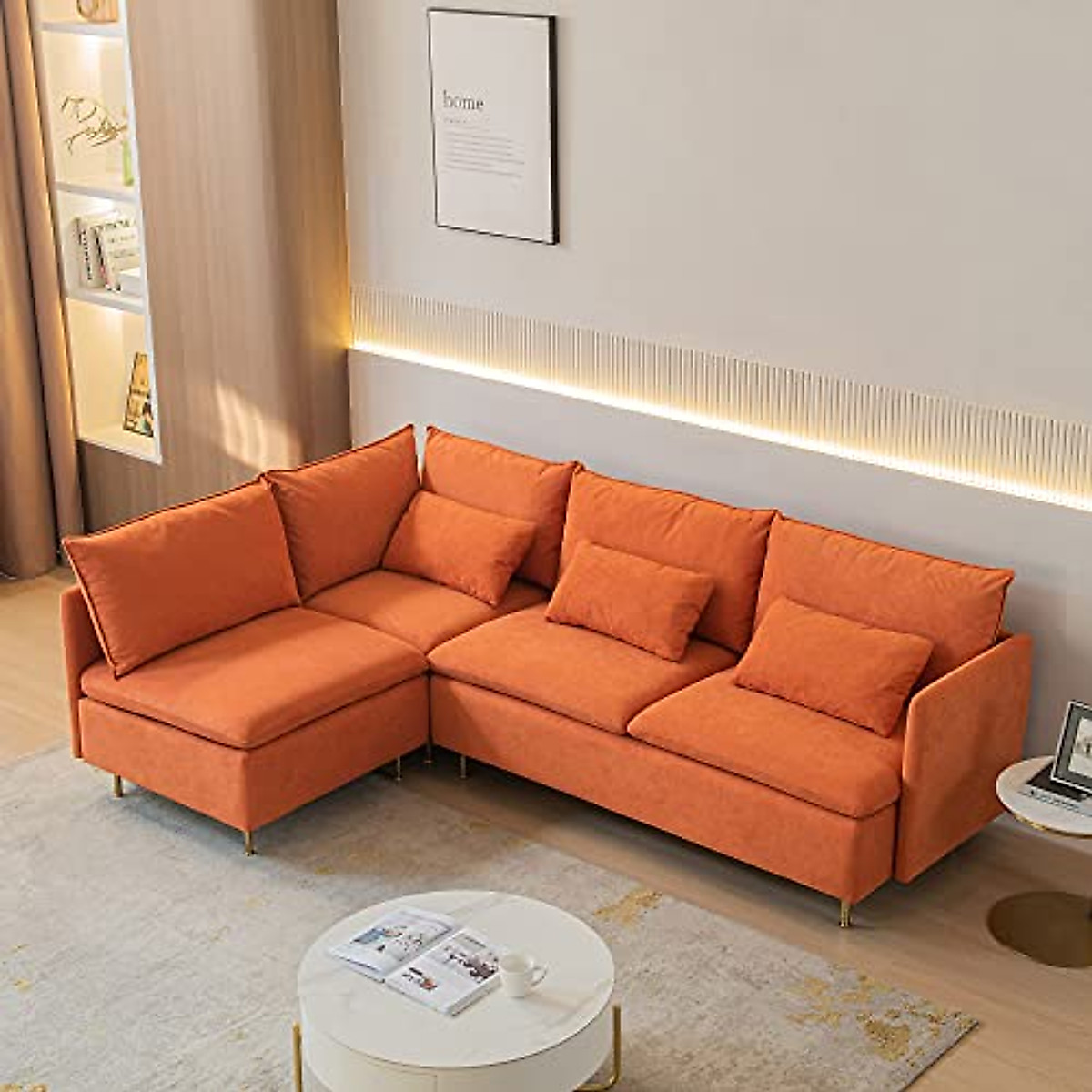 JULYFOX Orange L Sectional Couch Sofa, Mid Century Modern Corner Sectional Sofa with Chaise Armrest Throw Pillows 91 in Wide for Small Spaces
