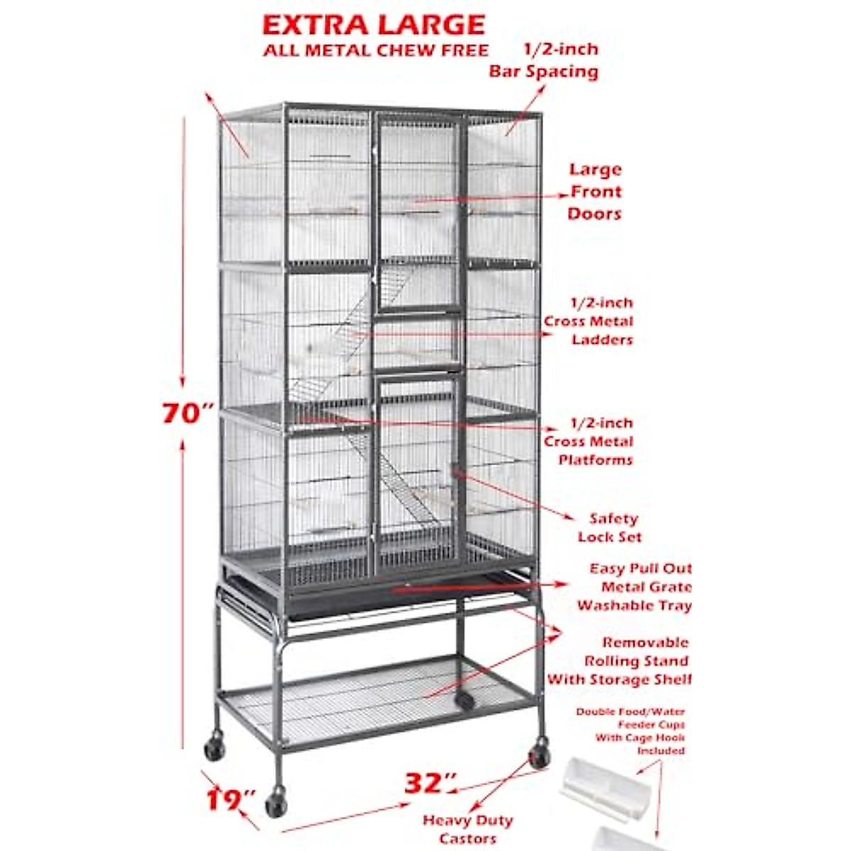 70" Extra Large Wrought Iron 3-Levels Ferret Chinchilla Sugar Glider Chewproof Cage Tight 1/2-Inch Bar Spacing with Removable Rolling Stand