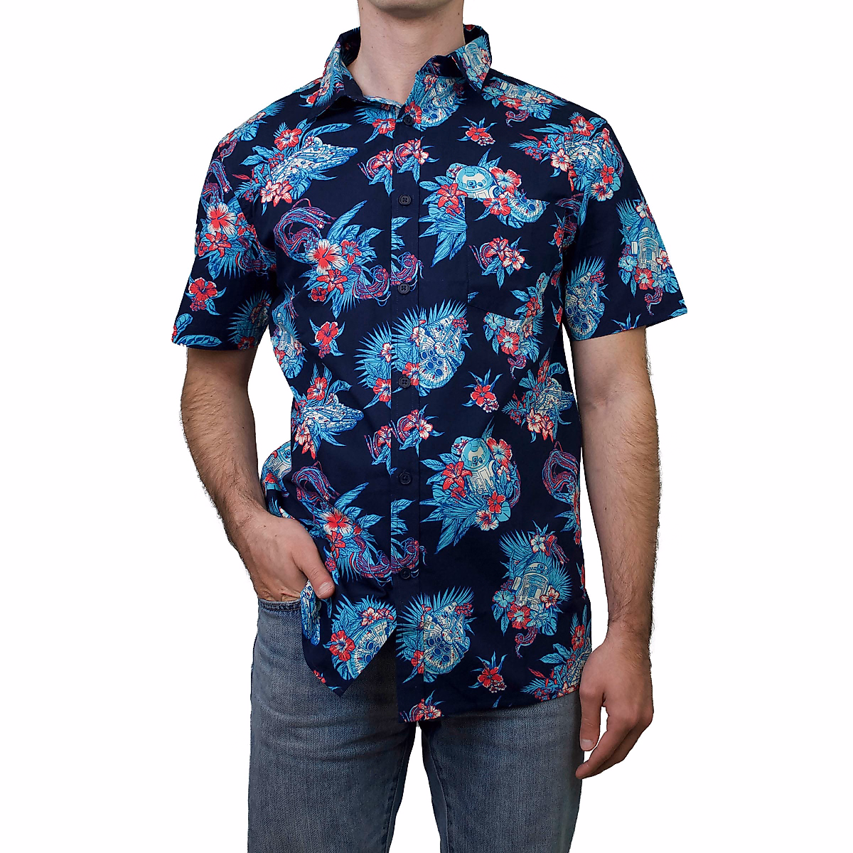 STAR WARS Men's R2-D2 and Millennium Falcon Hawaiian Print Button Down Shirt - Navy - X Large