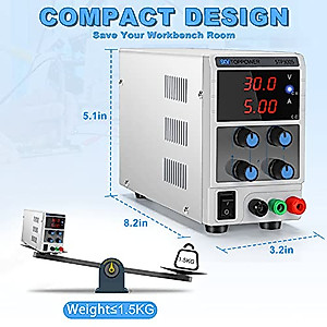 DC Power Supply Variable 30V 5A 3-Digital Single-Output 110V Lab Regulated Power Supply with Alligator Leads, Power Cord for DIY Electronics Testing, Repairing& Researching