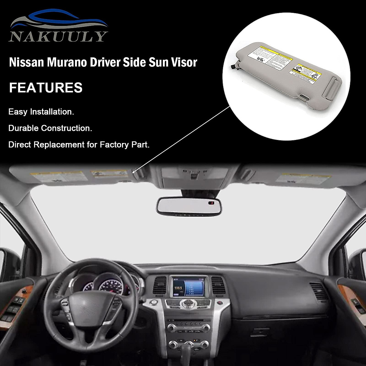Nakuuly Left Driver Side Sun Visor with Light Compatible with 2009 2010 2011 2012 2013 2014 Nissan Murano Gray Sunvisor Replaces # 96401-1AA1B