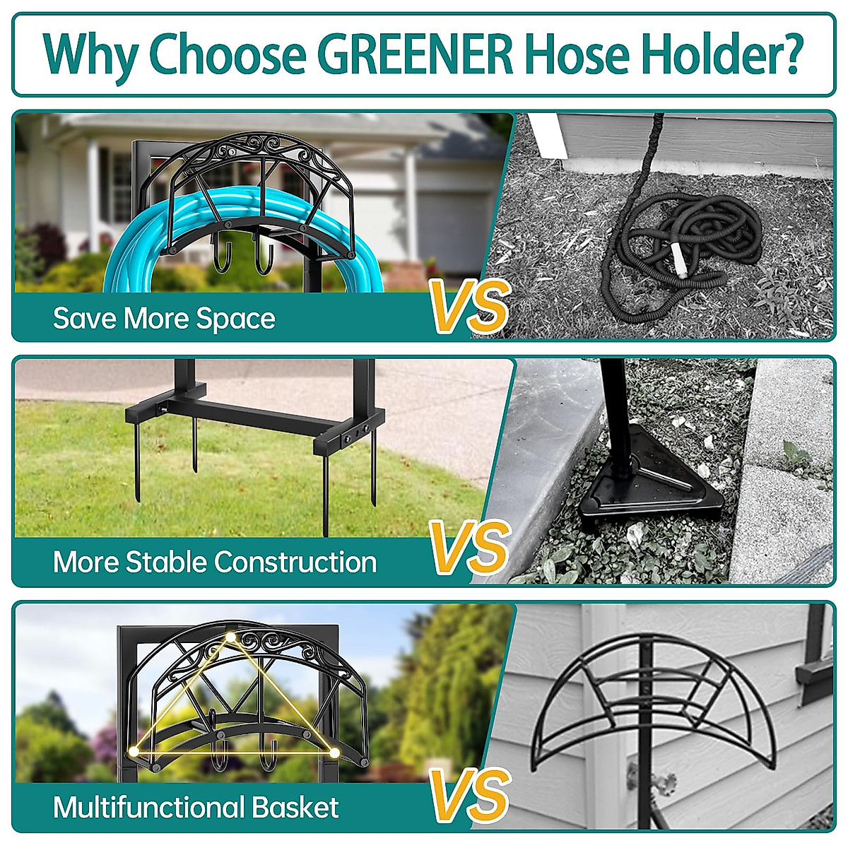 GREENER Freestanding Heavy Duty Hose Holder - Detachable Metal Hanger, Holds 150-feet Hose, Outdoor Yard Lawn Storage Rack