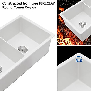 Dcolora 32 Inch White Fireclay Kitchen Sink Porcelain Double Bowl 50/50 Split Undermount Sinks Dual Mount Ceramic Sink Under Counter DC-U7737