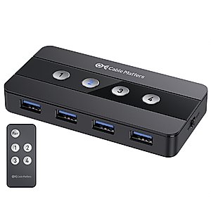 Cable Matters 4 Port USB 3.0 Switch USB Sharing Switch for 4 Computers and USB Peripherals - Button or Wireless Remote Control Switching - Includes a USB-C Adapter for USB-C USB4 and Thunderbolt 4