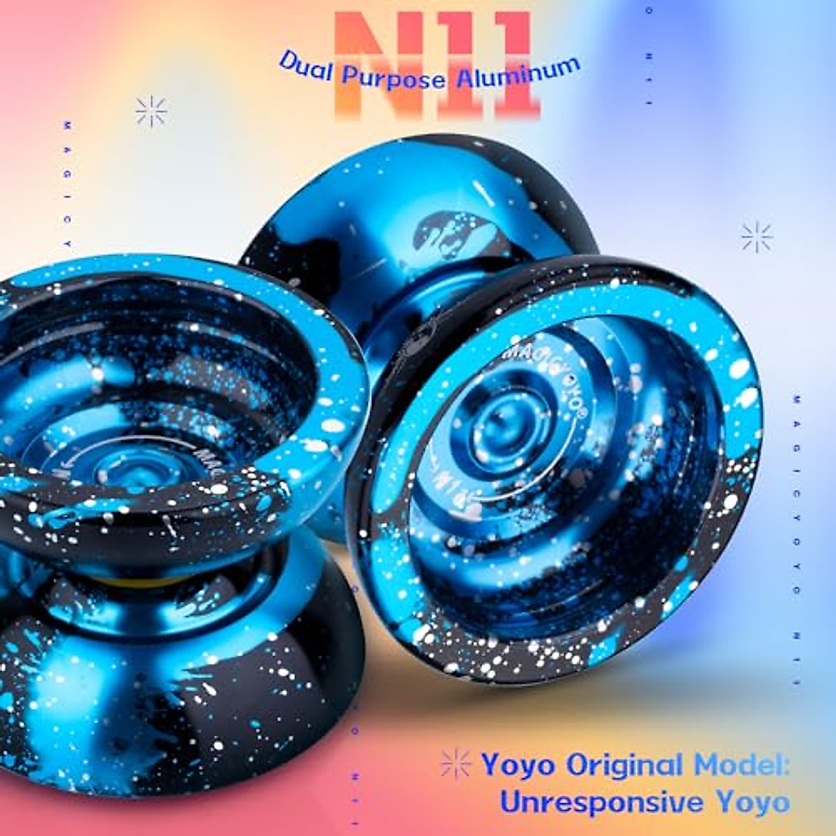 MAGICYOYO N11 Yoyo Professional Unresponsive yoyo for Adults, Dual Metal Yoyo for Beginner, Pro Yoyo with 12 Yoyo Strings, Yoyo Case Bag, Responsive Yoyo Bearing Kit (Black Blue Silver)
