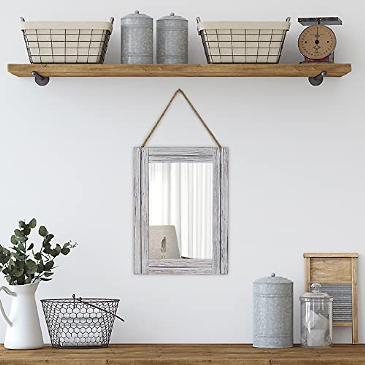 EMAISON 12 x 16 in Wall Decorative Mirror, Rustic Wood Frame Rectangular Mirror with Hanging Rope for Entryway, Bedroom, Guest Bathroom, Living Room, Bedroom - Grey
