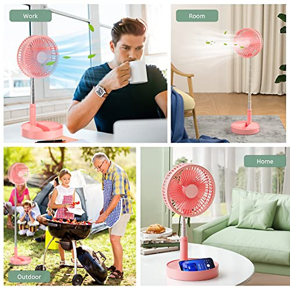 Foldable Table Floor Standing Fan, 7.8" Portable Standing Fan, 7200mAh USB Rechargeable Foldaway Desk Fan Portable Telescopic Pedestal Fan with Height Adjustable 4 Speeds, for Home Office Outdoors