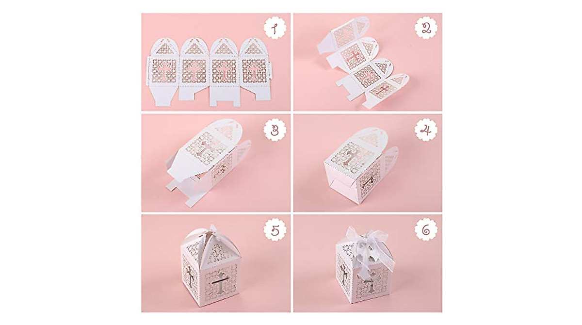 LEMESO 50 Elegant Baptism Favor Boxes with Ribbons & Cross Tags