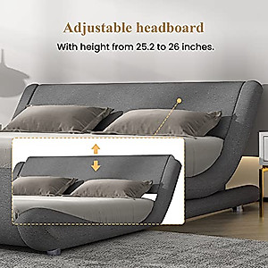 SHA CERLIN Queen Size Bed Frame Luxury Wave-Like Modern Upholstered Low Profile Platform Bed, Linen Sleigh Bed with Adjustable Headboard, No Box Spring Needed, Grey