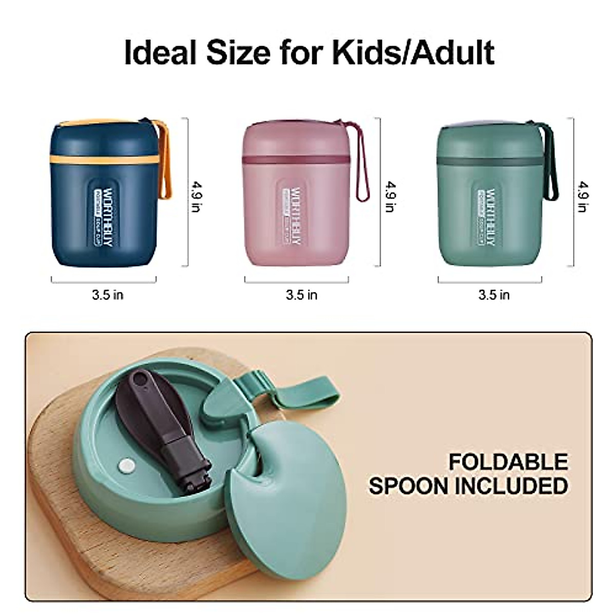 WORTHBUY Leak Proof Thermal Insulated Food Jar with Foldable Spoon, Lunch Containers Soup Cup for Kids and Adult, 16oz Capacity - Pink