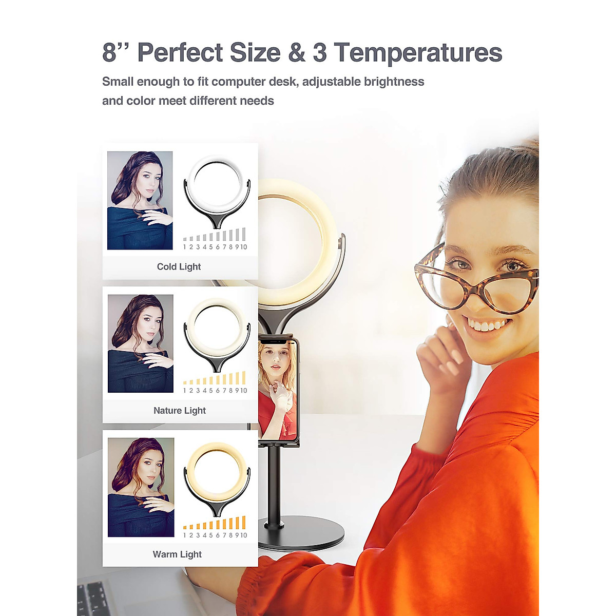 Elitehood iPad Stand with Ring Light for Online Video Conference, 3 Colors & 10 Brightness Computer Ring Light, Adjustable Desktop iPad Holder Stand for iPad Pro 12.9 11 Air Mini and 4-13’’ Tablet