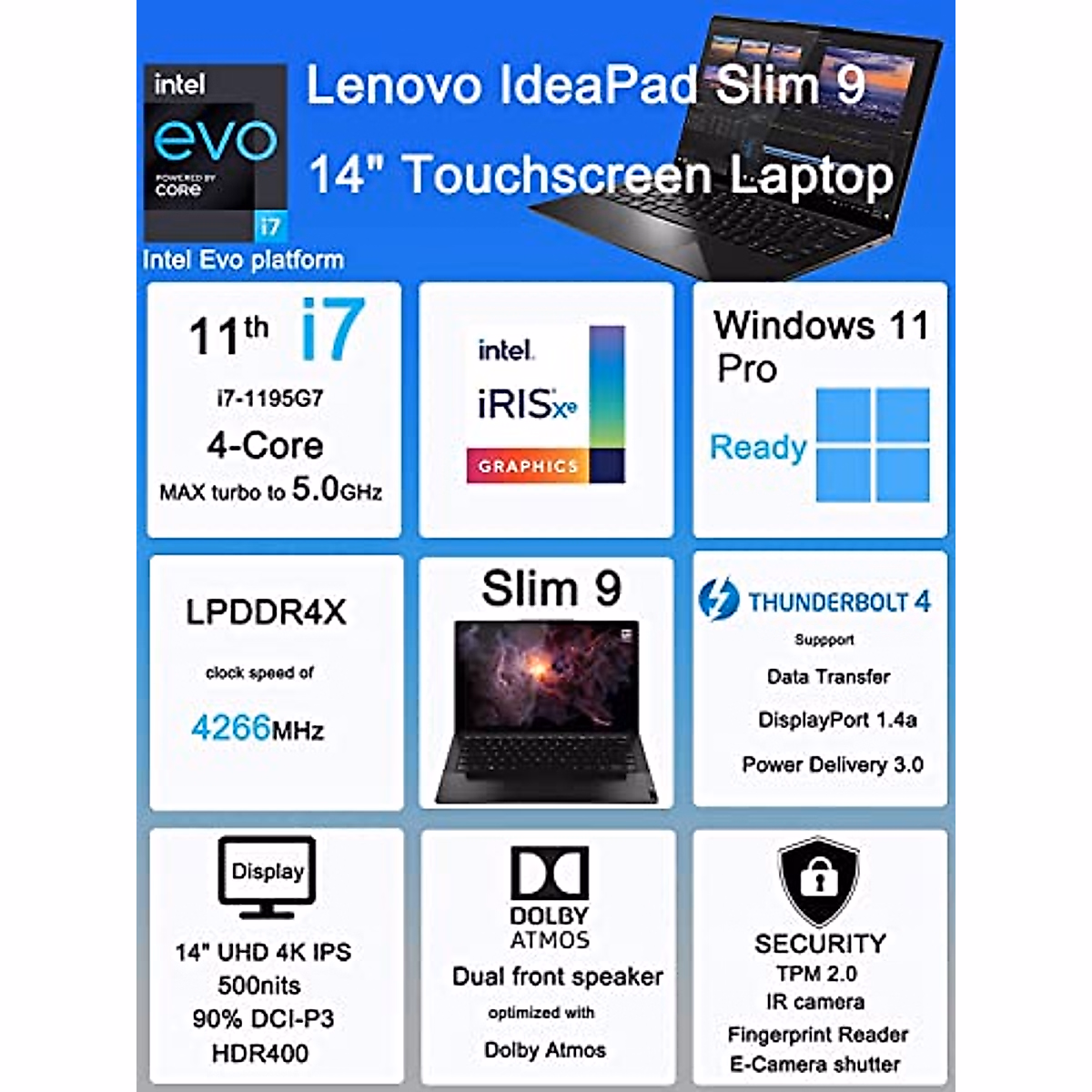 Lenovo IdeaPad Slim 9 9i Pro 14ITL5 14" 4K UHD Touchscreen (Intel 4-Core i7-1195G7, 16GB RAM, 2TB PCIe SSD) Business Laptop, Backlit, Fingerprint, 2 x Thunderbolt 4, IR-Webcam, Windows 11 Pro