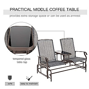 Outsunny Outdoor Glider Bench with Center Table, Metal Frame Patio Loveseat with Breathable Mesh Fabric and Armrests for Backyard Garden Porch, Gray