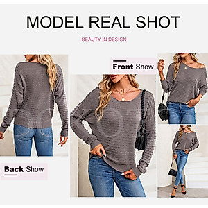 Dokotoo Womens Long Sleeve Tops Winter Fall Fashion 2024 Crewneck Drop Shoulder Ribbed Knit Textured Sweaters Solid Pullovers Jumper Gray Medium
