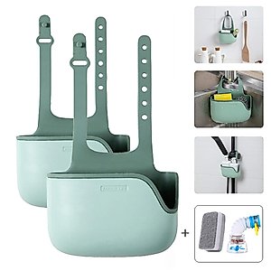 QQBB Kitchen Sink Caddy Sponge Holder,Telescopic Sink Storage Rack,Silicone Sponge Holder for Sink Hanging Ajustable Strap, Sink Caddy Kitchen Sink Organizer with Drain Holes for Drying(2pcs),Green