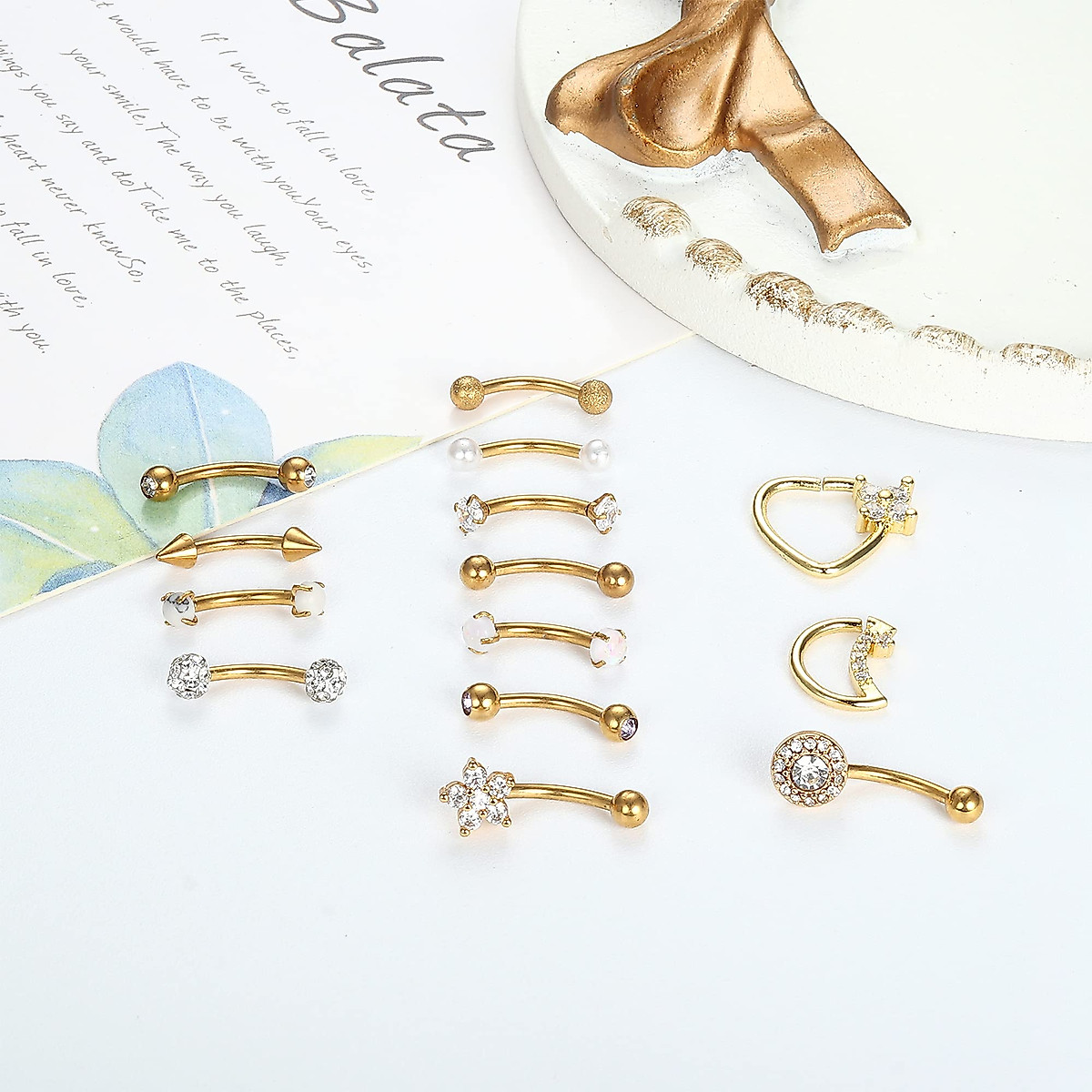 Drperfect Rook Daith Piercing Jewelry 16G Surgical Steel 8mm Curved Barbell Eyebrow Rings Helix Tragus Snug Lip Belly Button Piercing Heart Moon Daith Rook Earrings for Women Men