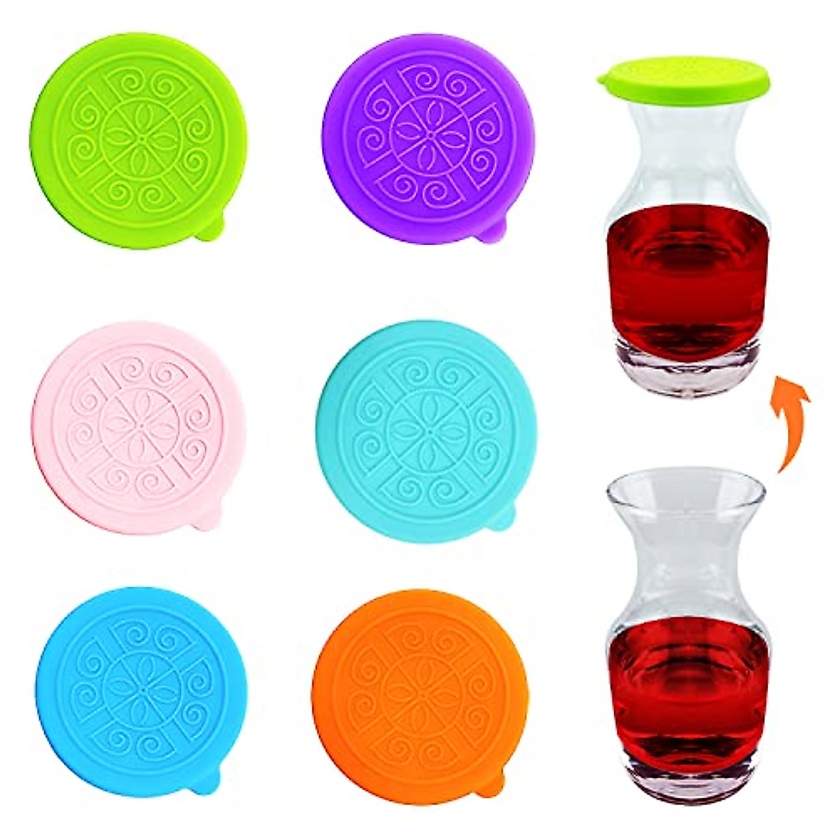 VOLCANOES CLUB Silicone Lids - Fit for Single Serving Wine Mini Carafe with a Calibre of 2.16 / most 1.5oz Condiment Containers Cups - 6 Pack Colorful Food Grade Replacement Lids - BPA Free/Reusable