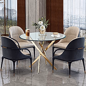 39" Round Dining Table for 6, Glass Kitchen & Dining Room Tables, Modern Circle Dining Room Table with 0.39" Tempered Glass Tabletop and Cross Stainless Steel Legs for Dinner Small Spaces (Gold Leg)