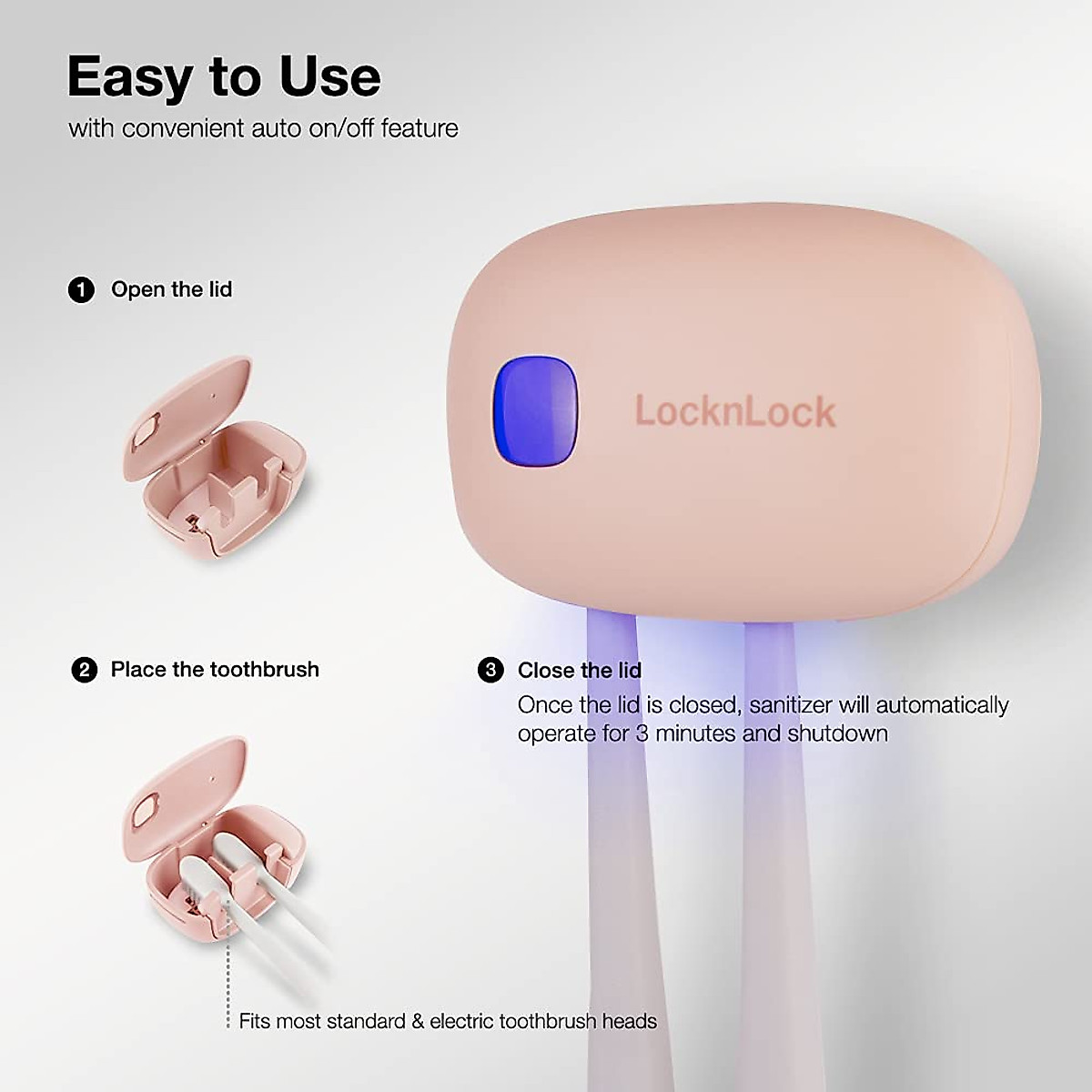 LocknLock UV Toothbrush Sanitizer/Cover for Home/Travel, USB Rechargeable Battery, Dual, Pink