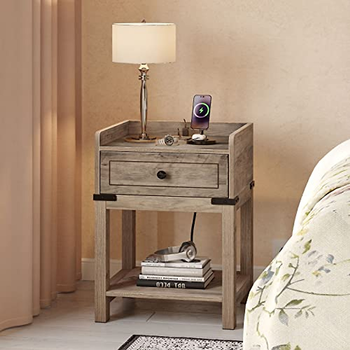YITAHOME Farmhouse Nightstand with Charging Station, Night Stands with Drawer for Bedroom, Bedside Table with Lip for Small Space, End Side Table with USB Ports and Outlets, Set of 2, Grey