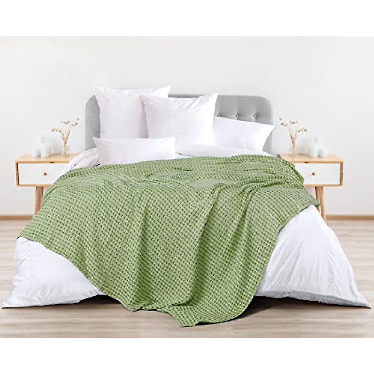 Utopia Bedding Cotton Waffle Blanket 300 GSM (Sage Green - 90x108 Inches) Soft Lightweight Breathable Bed Blanket King Size Layering Any Bed for All Season
