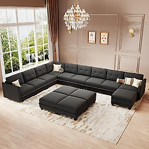 LLappuil Modular Sectional Sofa with Storage Oversized U Shaped Couch with Reversible Chaise Luxury Velvet Sofas for Living Room 10 Seats with 4 Ottomans Denim Black Grey
