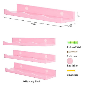 AZSKY Floating Bookshelf for Kids, Floating Shelves for Wall Cloud Picture Ledge Shelf Pink16 Inches Nursery Book Shelves Set 3, Baby Book Shelf for Kids Room, Toddler Room, Baby Room, Nursery Decor