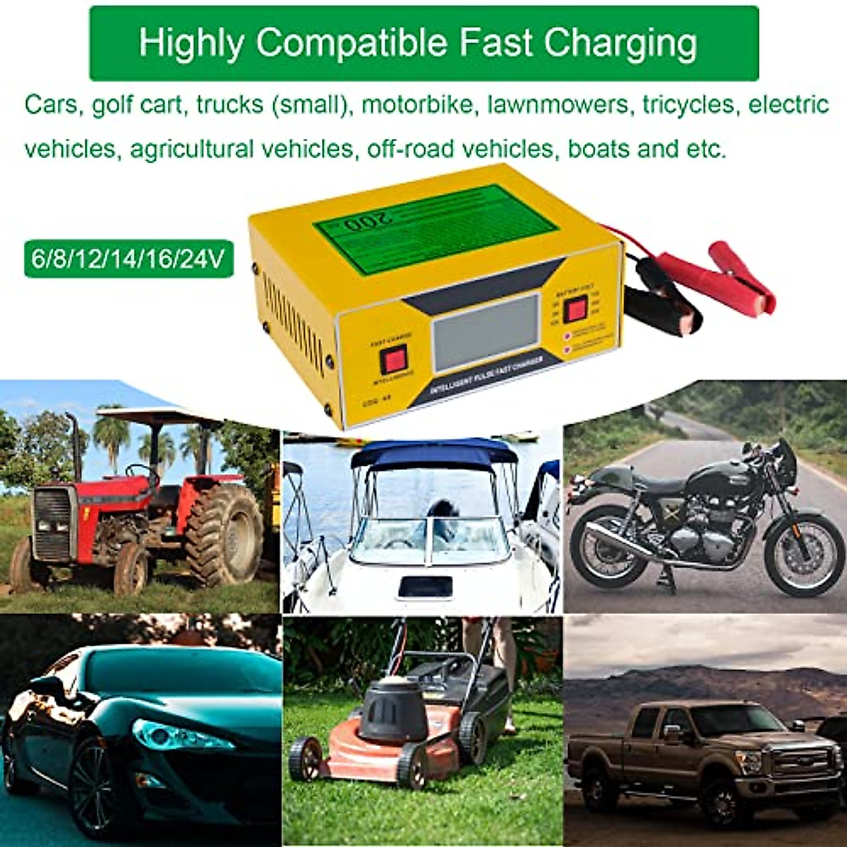 6/8/12/14/24 Volt Battery Charger Automotive, JYEASTZ Smart Car Battery Charger 0-10A, Maintainer and Fully Automatic Charger with Cable Clamps, Suitable for Cars, Golf Cart, Boats, Motorcycles, etc.