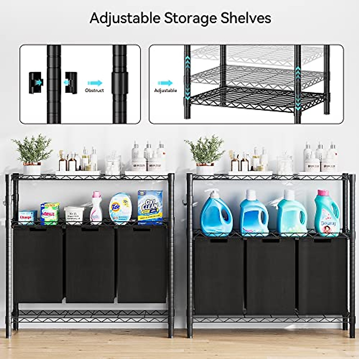 Laundry Sorters with 3 X 45L Pull-Out & Removable Laundry Bags, 2 Tier Adjustable Metal Storage Shelf, Oxford Fabric Laundry Baskets, Black