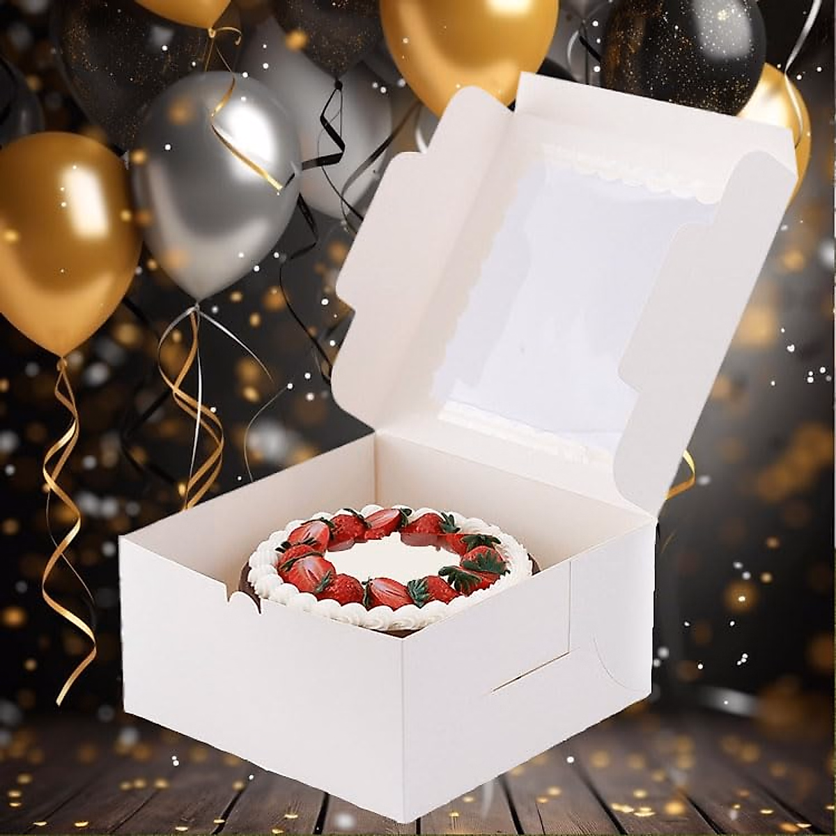 Exceptional Value Bundle | 4-Pack Cake Boxes (10x10x5 Inches) 4 Corrugated White Cake Boards & 4 Happy Birthday Cake Toppers. | 350 GSM Thick Sturdy Cardboard | Fancy Design See-Through Window |