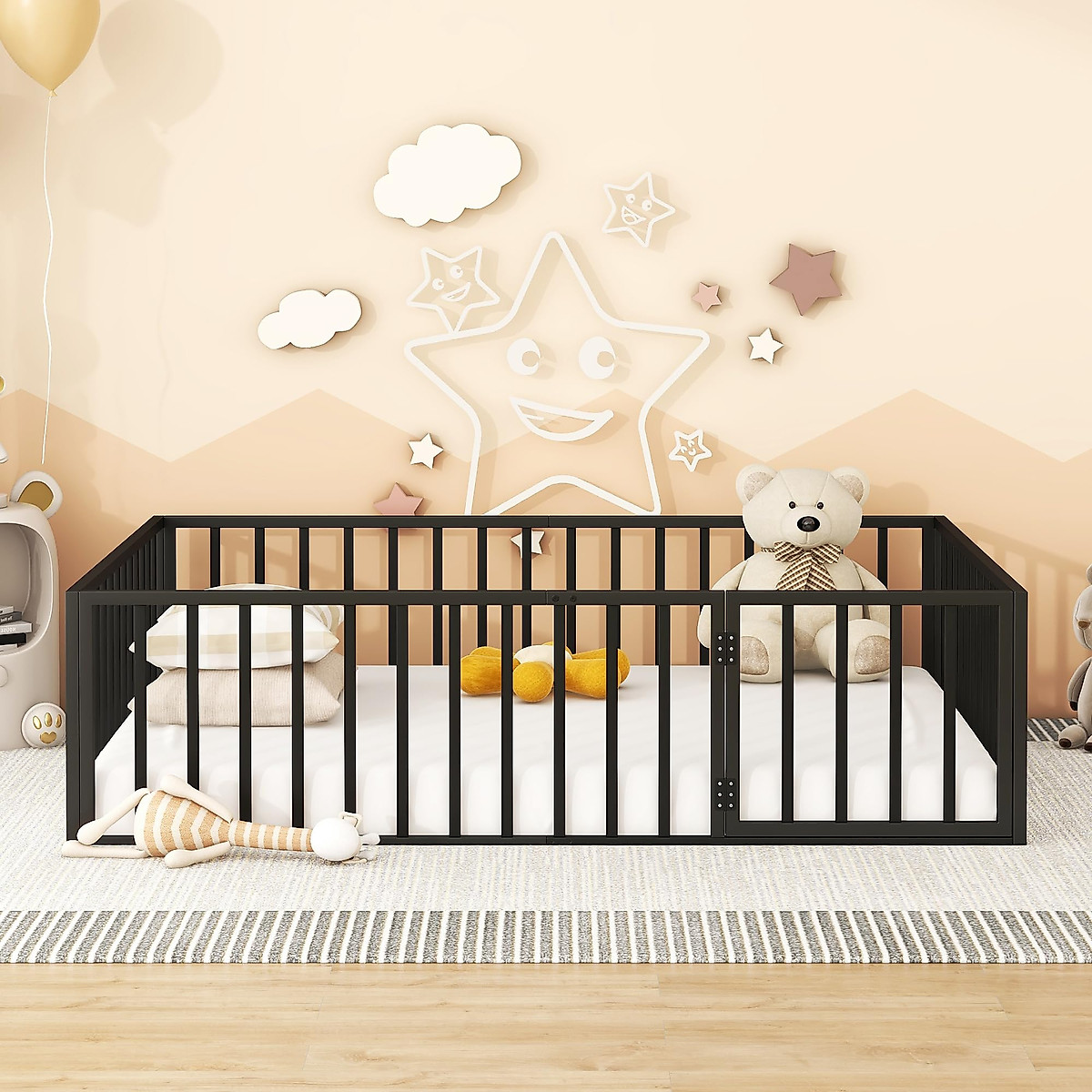 Harper & Bright Designs Queen Metal Floor Bed Frame with Rails, Queen Montessori Floor Bed with Fence and Door, for Kids Girls Boys (Queen Size, Black)