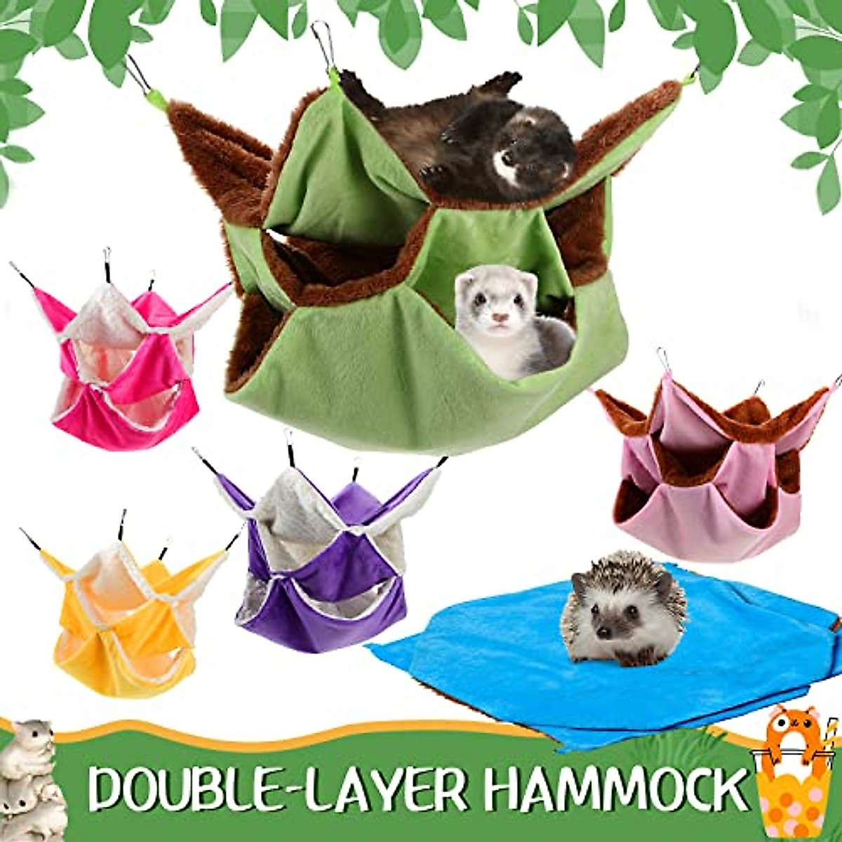 6 Pcs 3 Layers Rat Hammock Pet Cage Hammock Small Animal Hanging Hammock Ferret Cage Accessories Ferret Bed for Guinea Pig Squirrel Rat Chinchilla Sleeping and Playing (6 Colors)