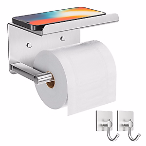 Adhesive Towel Hooks and Toilet Paper Holder Set, self Adhesive or Screw in Wall Mounted Toilet Paper roll Holder, rustproof Bathroom Tissue Holder Toilet Paper Holder with Phone Shelf (Silver)