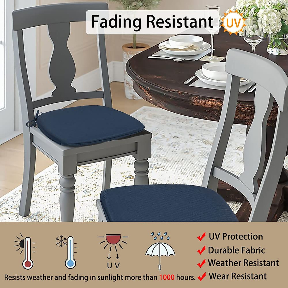 Magpie Fabrics Outdoor/Indoor 17"x16"x2" Chair Cushions with Ties Set of 2, Waterproof All Weather U-Shape Seat Pads Decoration for Patio Garden Furniture Home Office (Navy)