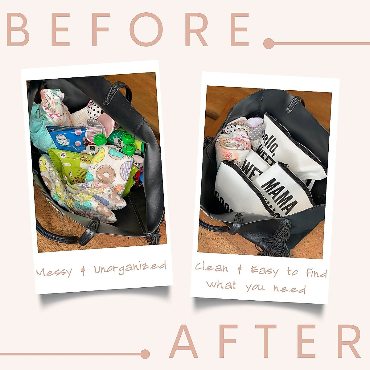 Lucky Love Diaper Bag Organizing Pouches | Set of 4 Including Diaper Clutch | Dry Wet Bag (White & Black)