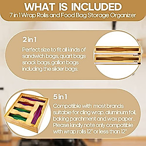 Seebroad Bamboo Wrap Dispenser with Cutter and Ziplock Bag Organizer for Kitchen Drawer, 7 Slots, Compatible with Variety Size Bags (2 Boxes)
