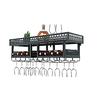 Industrial Wine Rack Cabinet Upside Down Wine Glass Bar Glass Rack Hanging Wall Wine Rack Include Wall-Mounted Wine Rack Wall Shelf 16-24 Wine Glasses Cases (39.4" x 11.8" x 11.8" Double Layer)