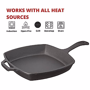 Jim Beam JB0217 10.5" Pre Seasoned Cast Iron Square Skillet for Grill, Gas, Oven, Electric, Induction and Glass, Black