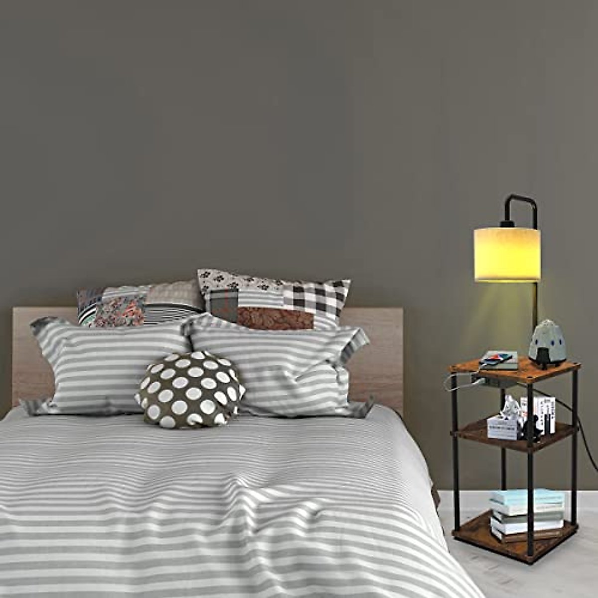 Hitish Floor Lamp with Table, Rustic End Table Lamp with USB Charging Port, Power Outlet & Shelves, Side Table Reading Light with Adjustable Color Temperatures & Brightness for Bedroom, Living Room