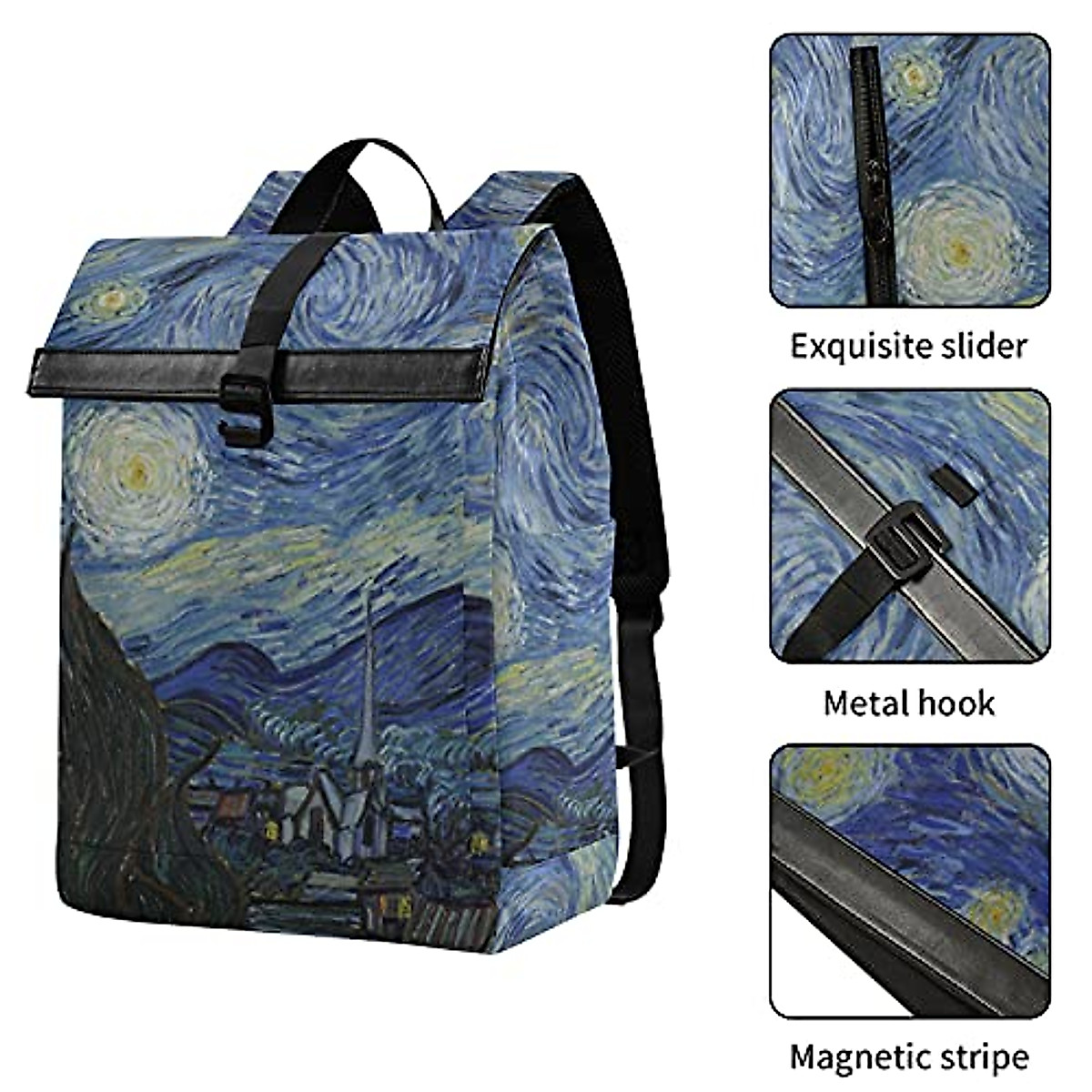 OREZI Van Gogh Painting Blue Starry Night Schoolbag Roll Top Backpack Laptop Backpack Travel Backpack for Kid's Adult