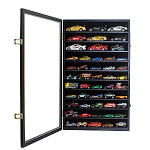 Hot Model Toys Cars Diecast Display Case Cabinet Wall Rack Compatible with Wheels and Matchbox Cars 1/64-1/43 Scale, 26.5" H X 16" W X 3.25" D Black Color Frame