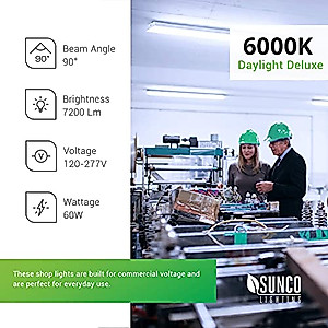Sunco 8.5" Wraparound Garage LED Shop Light 4FT 6000K Daylight Deluxe, 60W, 7200 LM, Integrated LED, Prismatic Lens, Hardwired, Linkable, Flush Mount Ceiling Light Fixture - ETL 4 Pack
