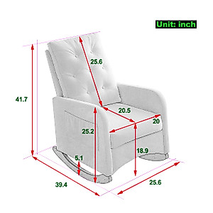 Modern Accent Rocking Chair, Button Tufted Upholstered Glider Rocker for Nursery, Comfy Armchair with Side Pocket, Lounge Chair with High Backrest for Living Room, Bedroom, Office (White Teddy)